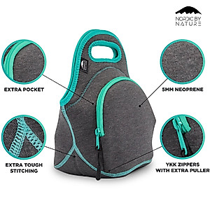 Nordic By Nature Neoprene Lunch Bag for Women & Lunch tote for Kids Insulated Lunch bag Reusable Washable Thick Durable Neoprene & Soft Cotton Feel, Outside Pocket, (M) Dark Gray/Lagoon
