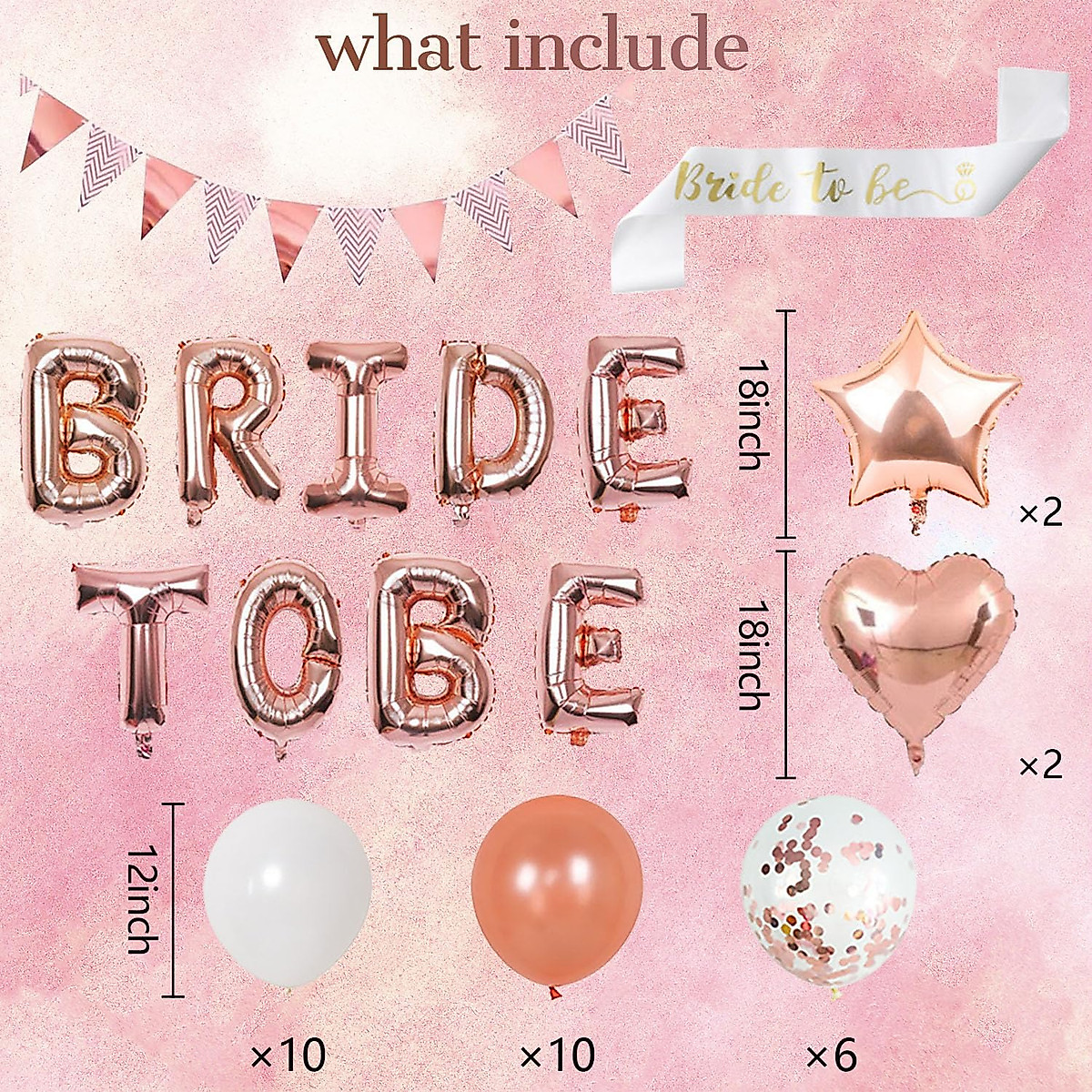 BINQOO Bride to Be Bachelorette Party Kit Rose Gold Banner Miss to Mrs Foil Balloons Bride to Be Sash for Bridal Shower White Confetti Balloons Engagement Wedding Party Decor Set