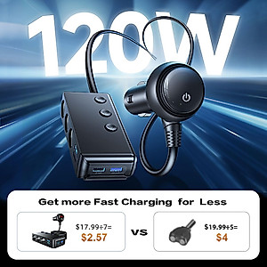 Cigarette Lighter Adapter Quick Charge 3.0, 120W 12V/24V 3-Socket Power Splitter DC Outlet with 8.5A 4 USB Ports Multifunction Car Charger, LED Display Voltage, Upgraded On Off Switch