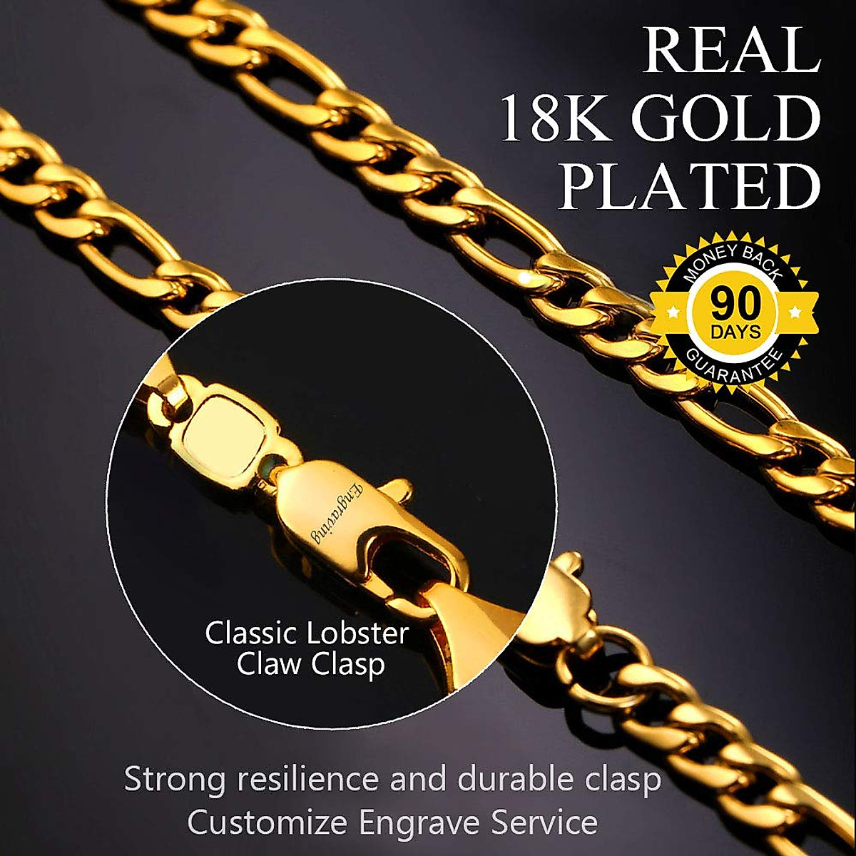 U7 5mm Figaro Chain Boy Men Fashion Jewelry 18K Gold Plated Stainless Steel Link Bracelet & Necklace Set (8.3",18")