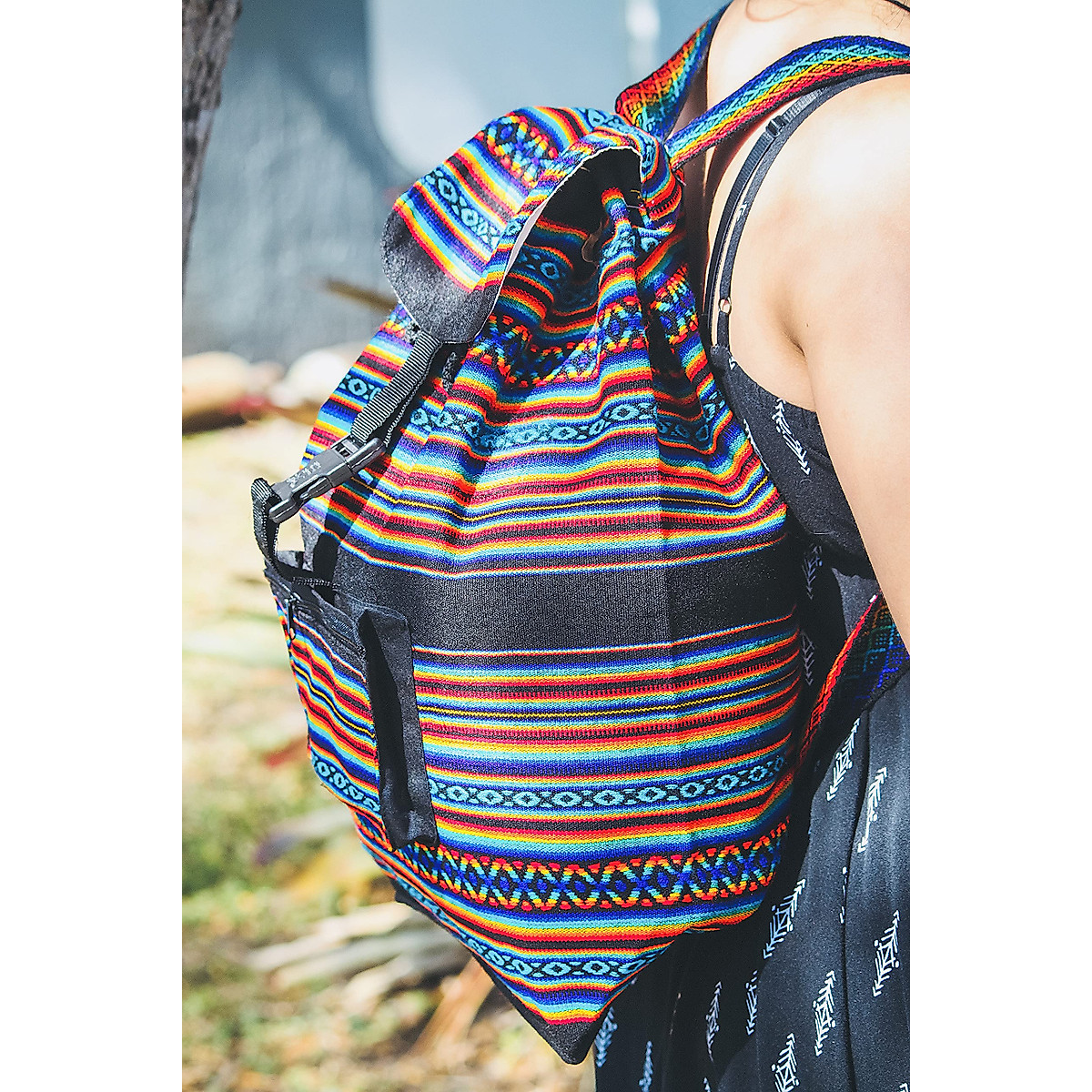 Mia Jewel Shop Large Rainbow Multicolored Peruvian Tribal Print Pattern Lightweight Drawstring Backpack Handmade Beach Bag Boho Accessories (Black Stripes)
