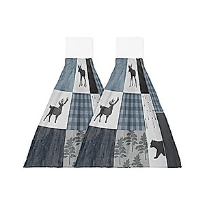 Retro Countryside Bear Moose Woods Hand Towel with Hanging Loop, Grey Blue Buffalo Plaid Hanging Tie Towels Set 2 Pcs, Kitchen Absorbent Towel for Bathroom Tea Bar Laundry