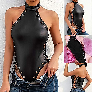 VFJIEQD Sexy Leather Bodysuit for Womens Lace-up Jumpsuit PU Romper Teddy Lingerie Leotard Clubwear Latex, #1 Black (rh0513jsxv2ODije4)