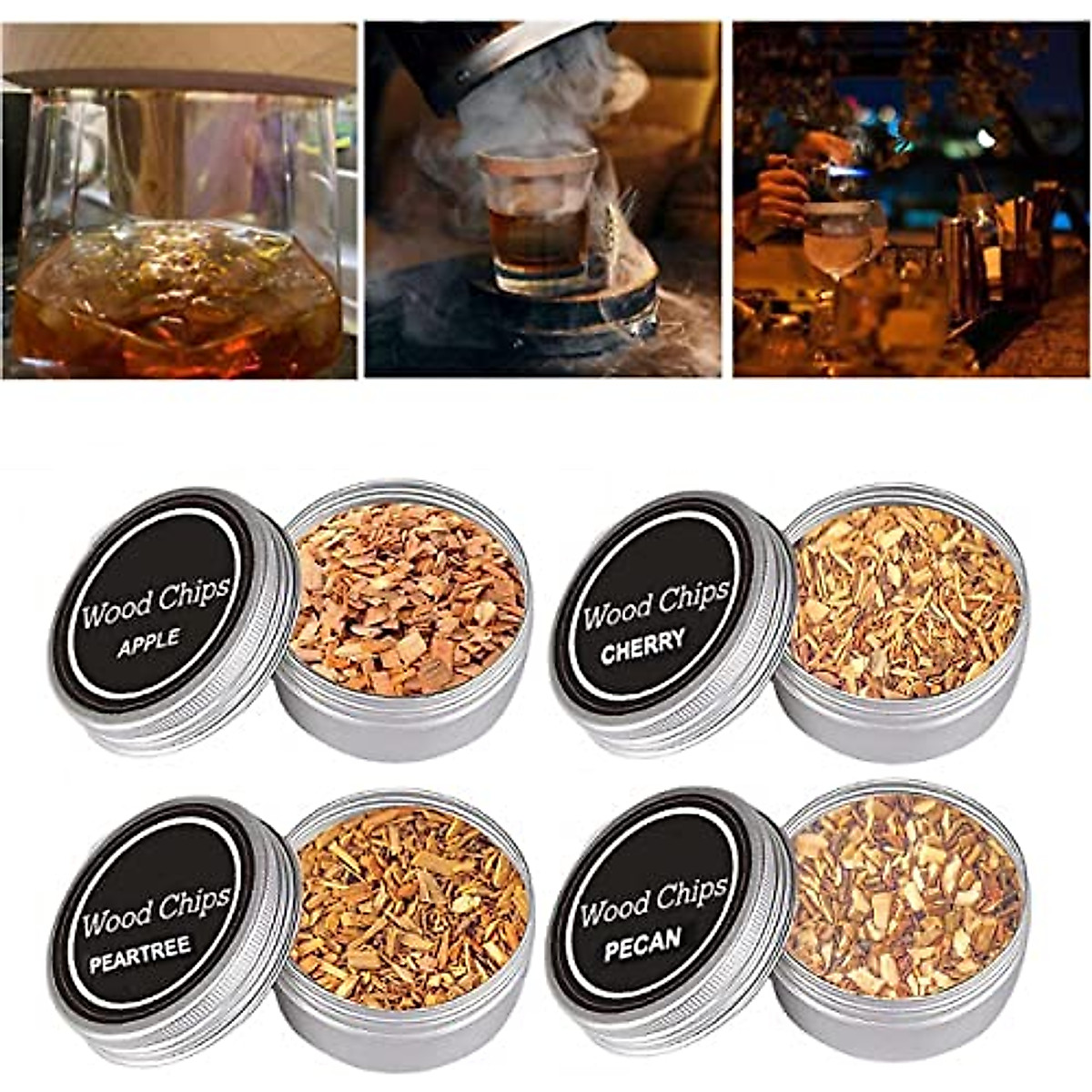 QUKLOGEN Smoking Wood Chips Cherry,Apple,Pecan and Peartree 4 Pack Smoker Infuser Wood Chips Set for Smoke Cocktails,Whisky,Bourbon,Drinks