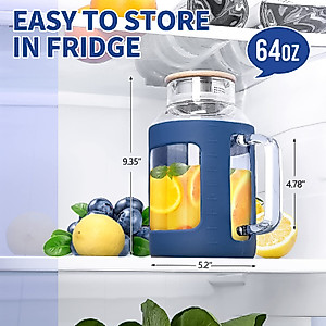 WINSA Glass Pitcher with Lid and Spout, 64oz Water Pitcher with Wide Handle, Silicone Sleeve & Bamboo Lid, Tea Pitcher for Fridge Water, Milk, Juice(Navy)