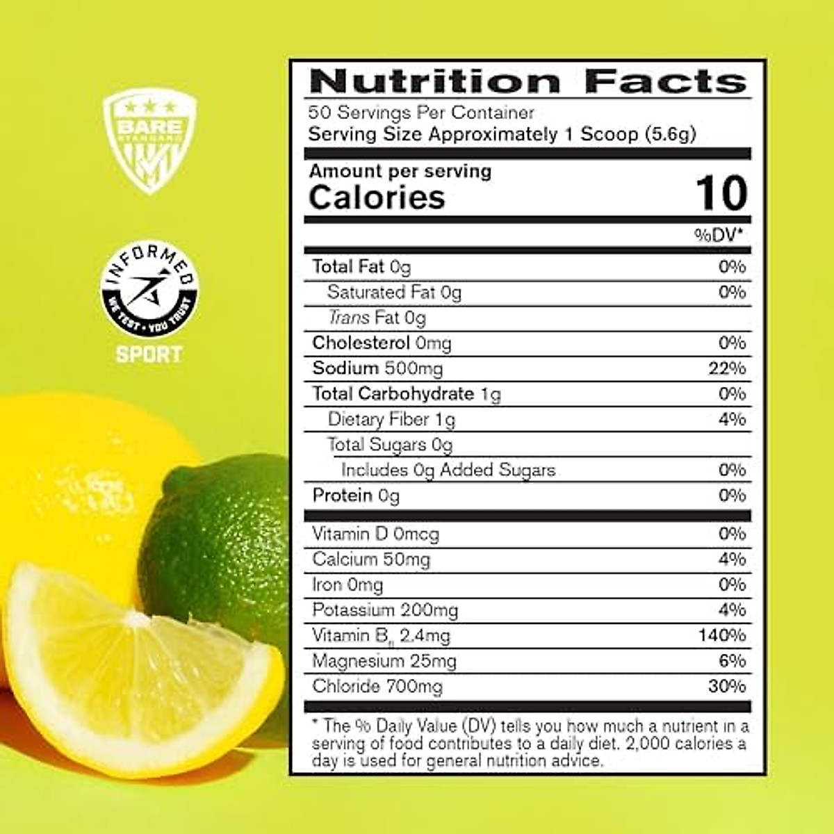 BARE PERFORMANCE NUTRITION BPN Electrolytes Hydration Drink Mix | Sugar Free Electrolyte Powder | 500mg Sodium per Serving | Naturally Sweetened | Lemon Lime, 50 Servings