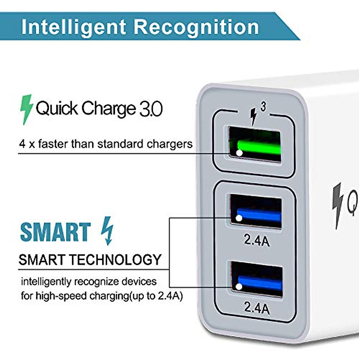 Fast Wall Charger QC 3.0 USB Quick Charge 3 Ports Tablet iPad Phone Charger Adapter Travel Plug Compatible iPhone X/Xs/XS Max/XR/8/8+/7P/7/6/5 Samsung S8/S7/S6/Edge/LG HTC