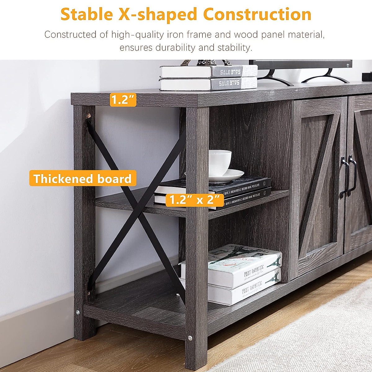 AUXSOUL 70 Inch TV Stand for 75 Inch TV, Farmhouse Entertainment Center with Storage Shelves & Barn Door, TV Console Cabinet for Living Room Bedroom,Grey Wash