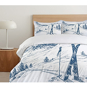 Ambesonne Winter Duvet Cover Set, Sketchy Graphic of a Downhill Ski Elements in Snow Relax Calm View, Decorative 3 Piece Bedding Set with 2 Pillow Shams, California King, Blue White