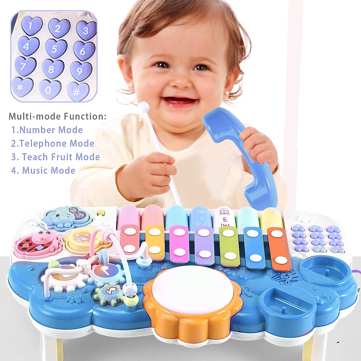 Musical Toys for Toddlers 1-3 6 in 1 Multifunction Baby Musical Toys Piano Drum Set Xylophone Bead Maze Gear Kids Phone Toys Electronic Learning Toys for Baby Infant Toddler Birthday Gifts for Kids