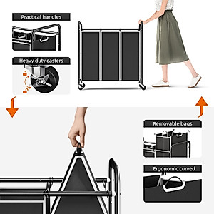 ROMOON Laundry Sorter 3 Section, Heavy-Duty Laundry Hamper with Lockable Wheels and Removable Bags, Rolling Laundry Basket Cart, Dirty clothes hampers for Family laundry, Black