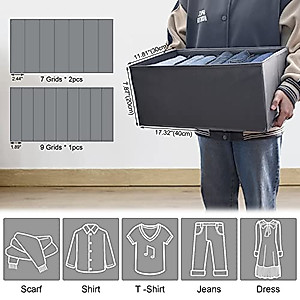 3 Pcs Wardrobe Clothes Organizer, Drawer Clothes Organizers for Pants, Jeans, T-shirt, Scarves, Dress, Stackable Storage Closet Container with Handles, Grey (2Pcs 6 Grids & 1Pc 9 Grids)