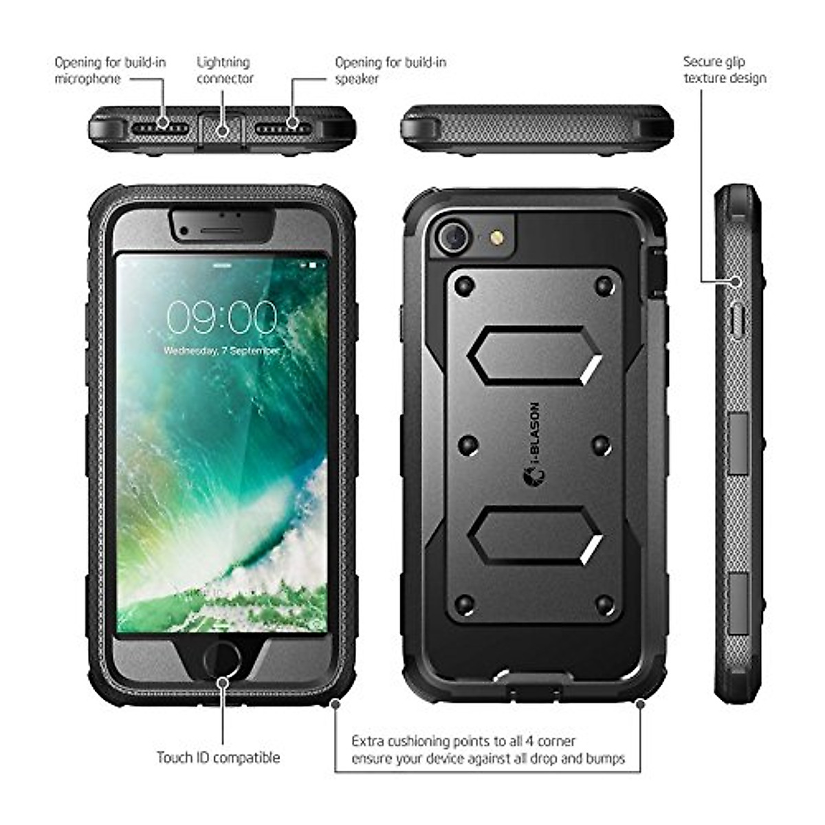 i-Blason Armorbox Case for iPhone SE 2022 (3rd Generation), [Built-in Screen Protector] Full-Body Rugged Holster Case for iPhone SE 2022/ iPhone SE 2020/ iPhone 8/7, Black