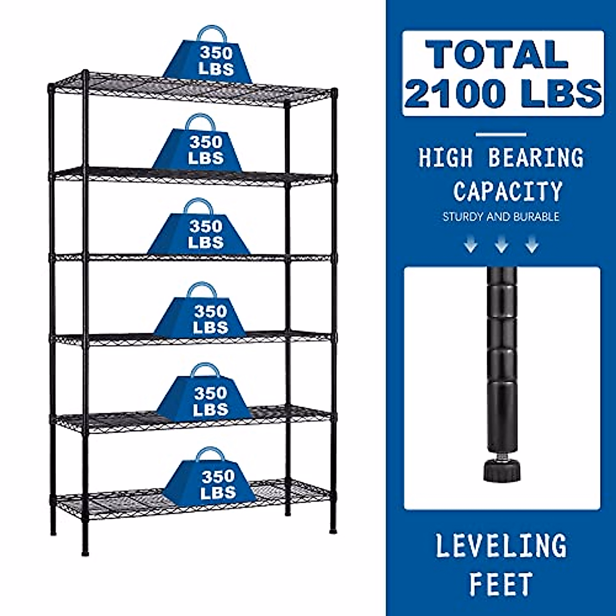 Hudada Garage Shelving 48 inch L×18 inch W×82 inch H Wire Shelving with Wheels Metal Storage Shelves Heavy Duty 6 Tier Adjustable Shelving with Casters for Restaurant Pantry Kitchen Rack - Black