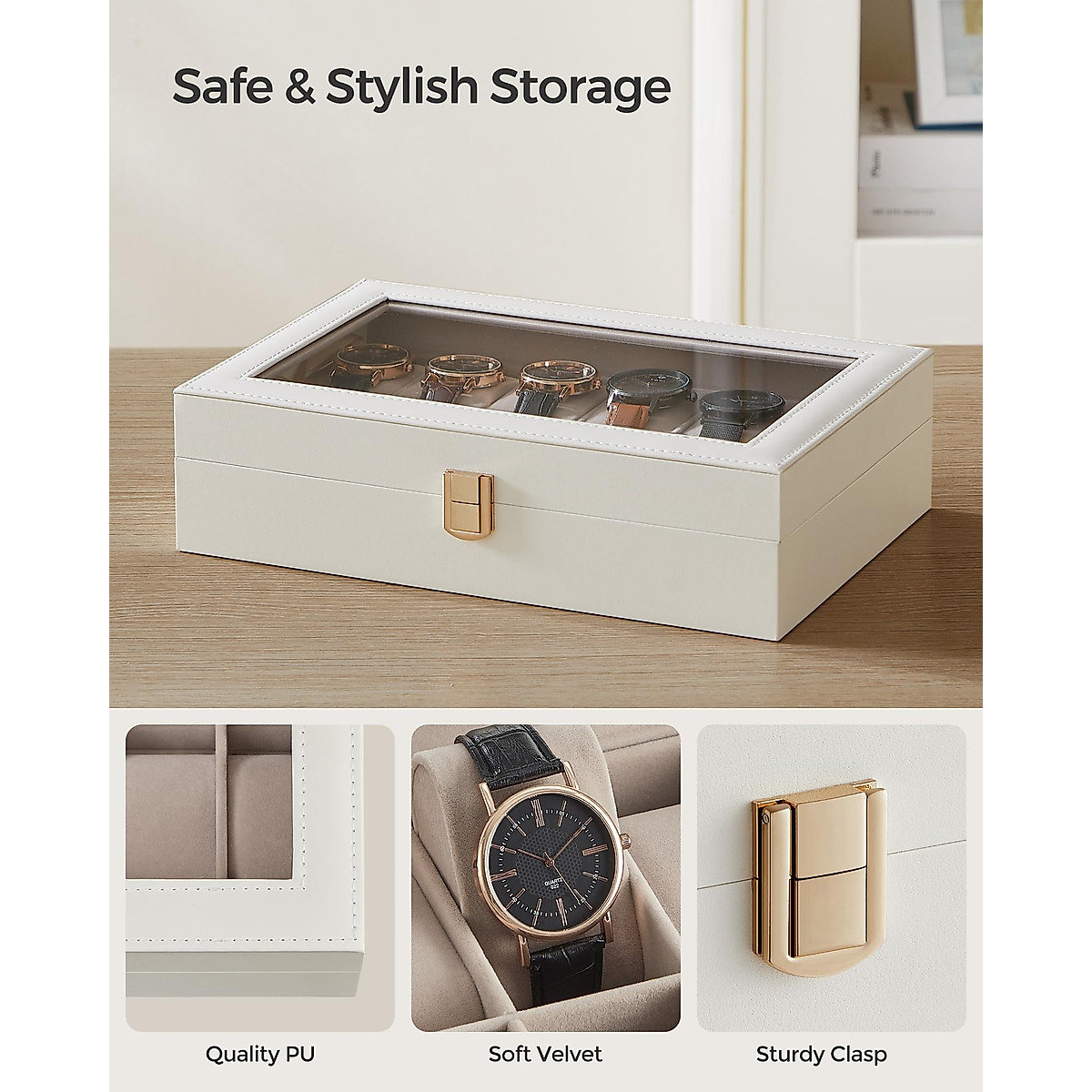 SONGMICS Watch Box, 12-Slot Watch Case with Large Glass Lid, Removable Watch Pillows, Watch Box Organizer, Gift for Loved Ones, Cloud White Synthetic Leather, Cappuccino Beige Lining UJWB120W01
