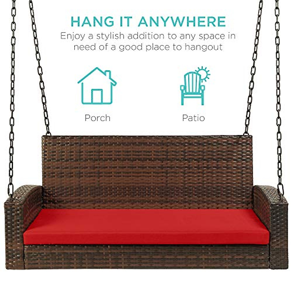 Best Choice Products Woven Wicker Outdoor Porch Swing, Hanging Patio Bench for Deck, Garden w/Mounting Chains, Seat Cushion - Brown/Red