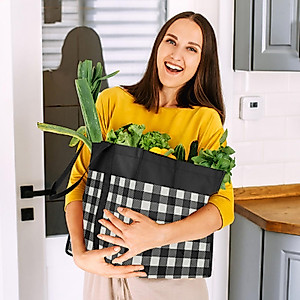 WISELIFE Reusable Grocery Shopping Bags 10 Pack Large Foldable Tote Bags Bulk, Eco Produce Bags with Long Handle for Shopping Groceries Clothes (Plaid C)