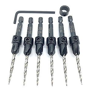 FTG USA Countersink Drill Bit Set 6 Pc #6 (9/64") Wood Countersink Drill Bit Pro Pack Countersink Set, 12 Replacement Tapered Countersink Drill Bits 9/64",1 Stop Collar, Hex Wrench