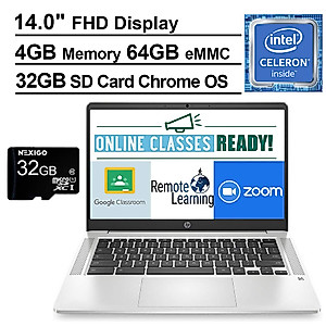 HP 2021 Newest Chromebook 14 Inch FHD 1080P Laptop with Webcam, Intel Celeron N4000 up to 2.6 GHz, 4GB RAM, 64GB eMMC, Webcam, WiFi 5, Chrome OS + NexiGo 32GB MicroSD Card Bundle