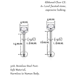 Ovxznts 14G Cheek Piercing Jewelry Stainless Steel Ashley Piercing Lip Jewelry Crystal Internally Threaded Dimple Studs Flat Tongue Rings for Women Men 14mm 9/16 inch
