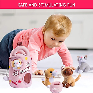 Plush Creations Talking Plush Cat House for Kids Includes Plush Cat House Carrier with 4 Soft Stuffed Talking & Meowing Kittens & A Cat Plush Milk Bowl Best Interactive Toy for Babies Or Toddlers