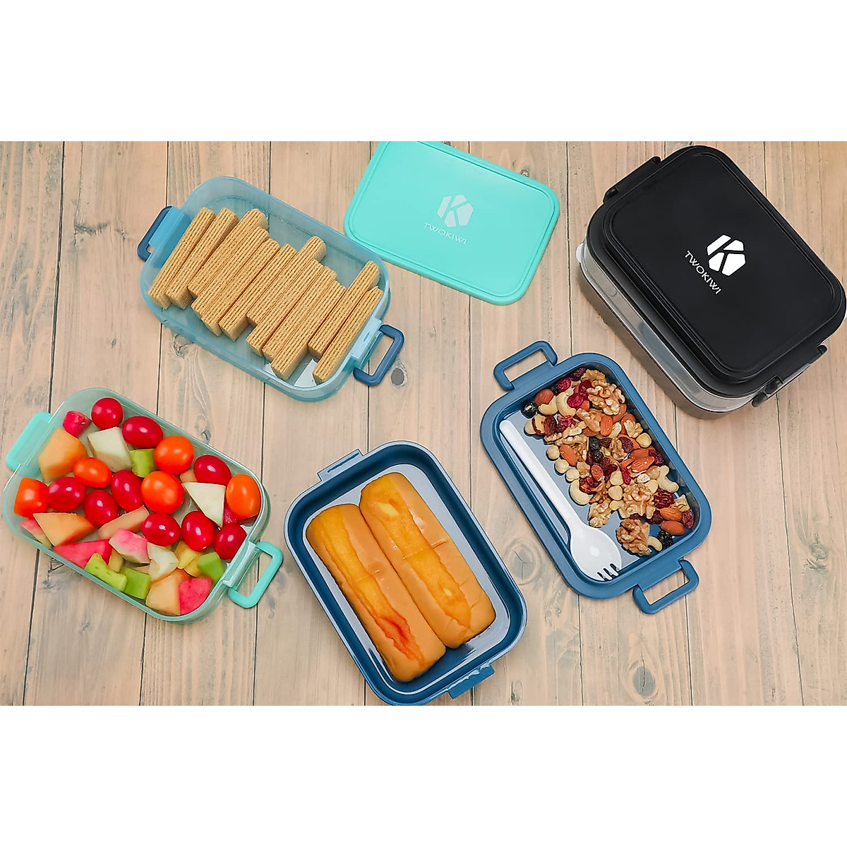 TWOKIWI Bento Box Adult Lunch Box – Lunch Containers for Adults/Kids – 7 Cup Bento Lunch Box with 3 Compartments & Fork, Microwave,Dishwasher & Freezer Safe (Classic Black)