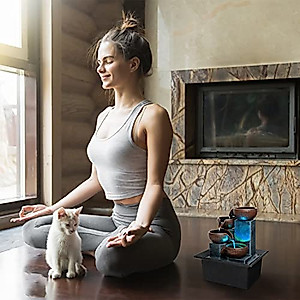 Small Indoor Waterfall Fountain-Tabletop Fountain 4 Level-Indoor Desktop Fountain with Audible Calming Waterfall Sounds for Feng Shui Effect-Cascading LED Color Lighting