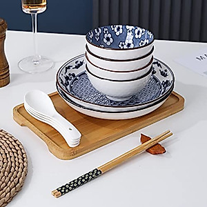 Binvertaocier 14-Piece Porcelain Asian Bowls Set with Spoons Rice Bowls with Chopsticks 10 Oz Bowls,Small Soup Bowls,Asian Plates and Bowls Set, (Vintage blue)