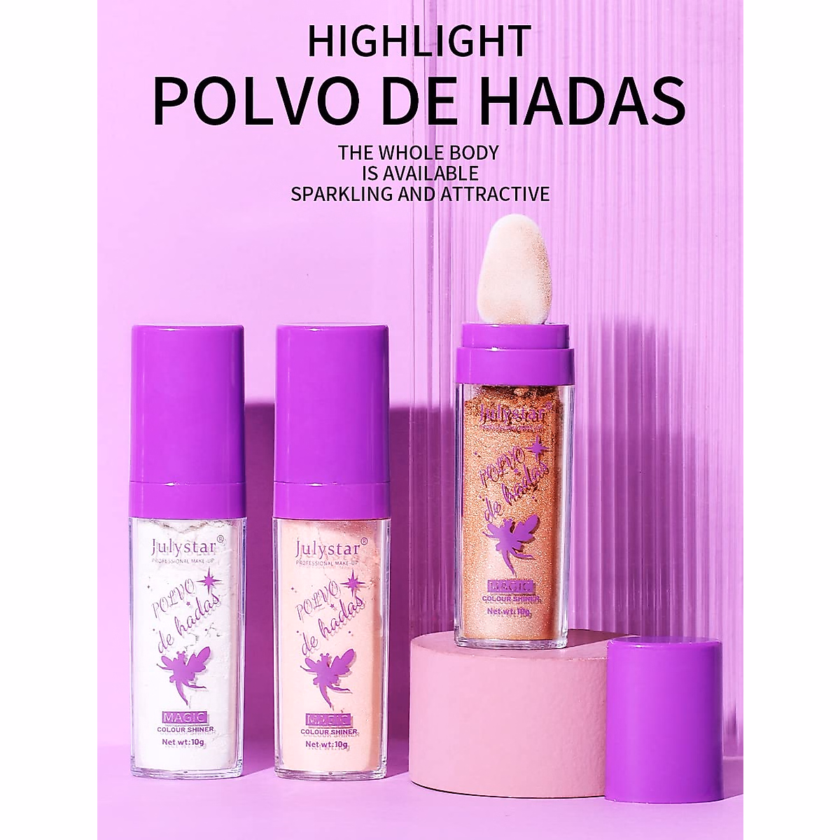 Polvo De Hadas Highlighter Stick Puff Fairy Stick Highlight Powder Glitter Loose Powder Brush Stick Contouring Powder Shimming Face Powder Blusher (#01 Pearl White)