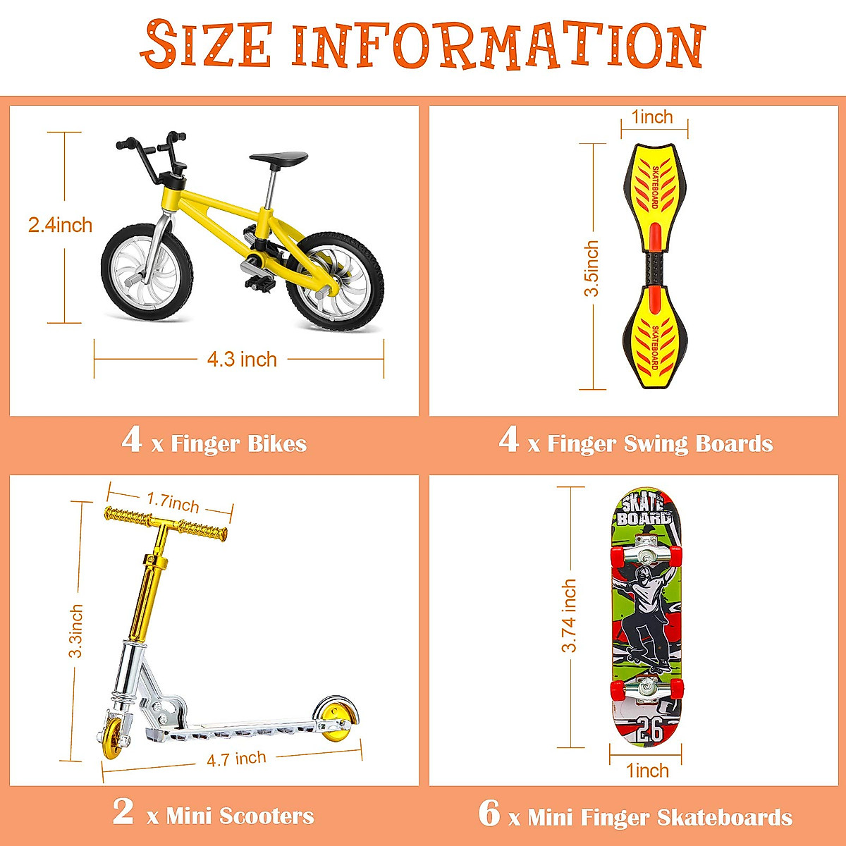 Skylety 31 Pieces Mini Finger Toys Set for Boy Girl Includes 6 Finger Skateboards, 4 Finger Bikes, 2 Mini Scooters 4 Swing Board 8 Matched Wheels 7 Tool Accessories Educational Toy Party Favor (Cool)