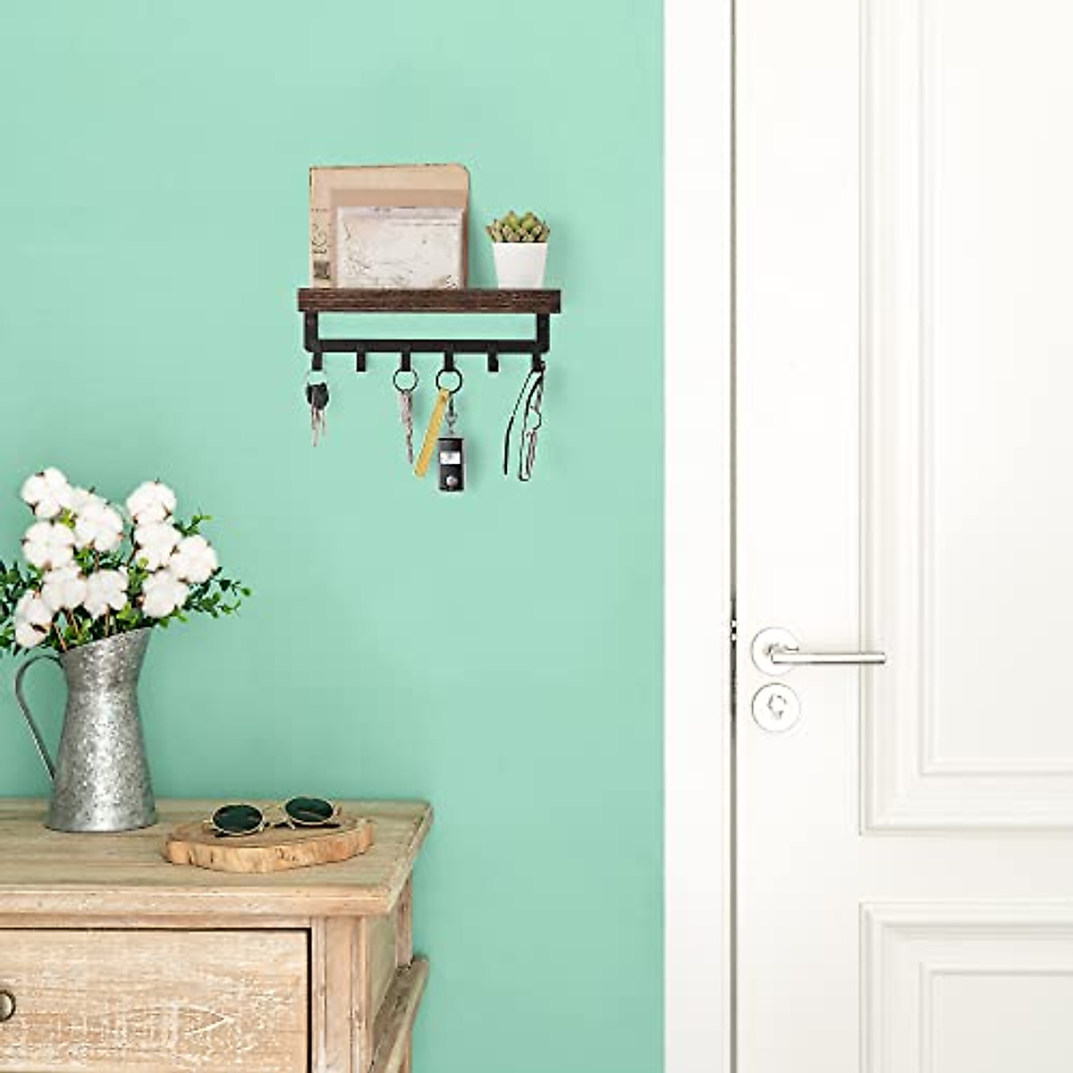 Dahey Key Holder Wall Mount Rustic Modern Key Hanger Rack for Wall Mail Holder with Wood Floating Shelf with 6 Hooks Decorative Key Hanger for Entryway Living Room Bedroom Bathroom Home Decor