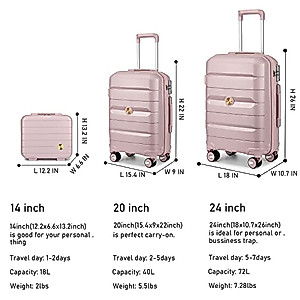 Somago 3 Pieces Luggage Set(14/20/24) PP Lightweight 4 Double 360 Degrees Mute Spinner Wheels Suitcase with TSA Lock & YKK Zipper (Rose Pink)