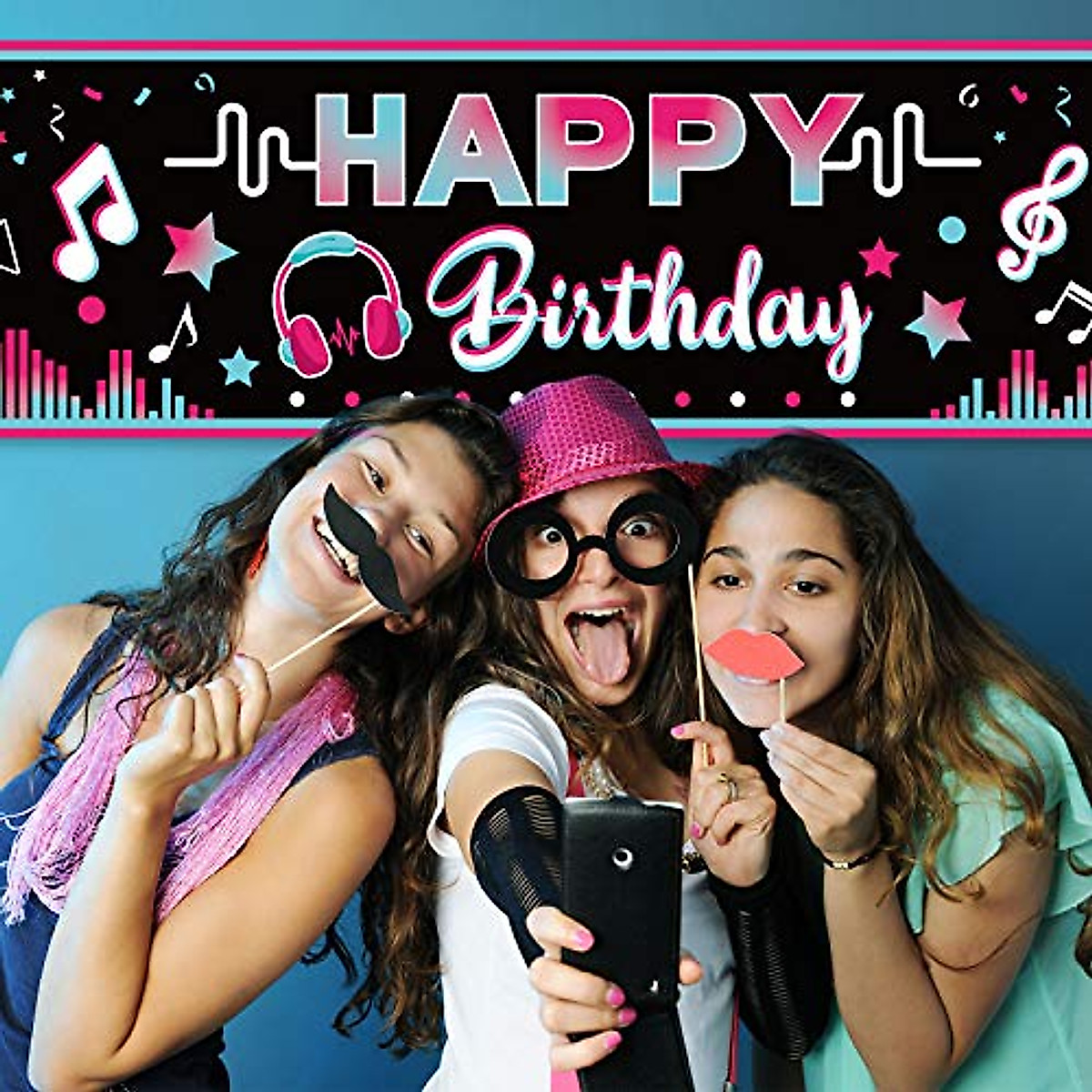 71 x 16 Inch Happy Birthday Banner Decorations, Large Fabric Music Party Banner Backdrop Background Photo Booth Banner Indoor Outdoor Decor for Teens Social Media Theme Birthday Party Supplies