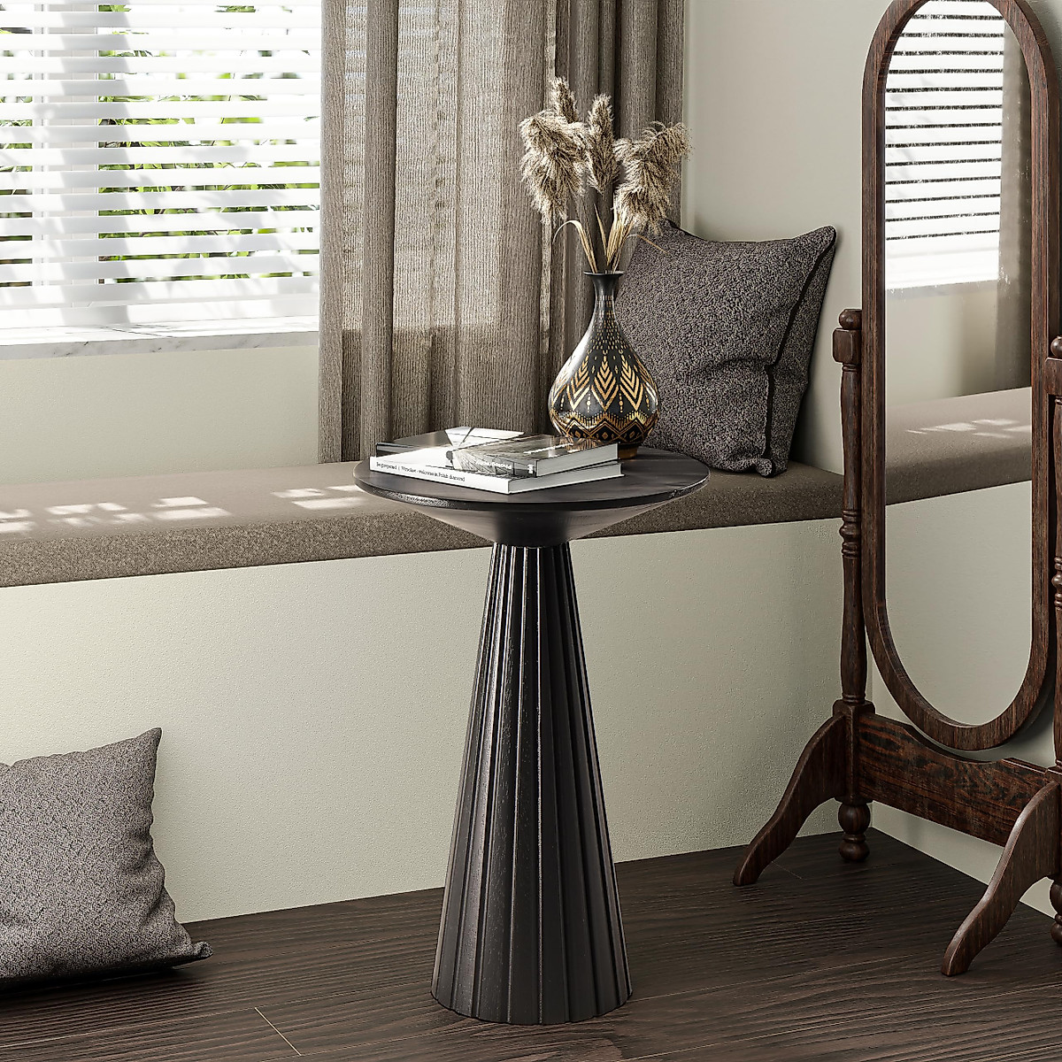 COZAYH Pedestal Small Drink Table Round Martini Table Wood Plant Stand End Table for Small Space Living Room, Bedroom, Black