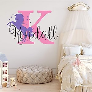 Nursery Unicorn Name and Initial Custom Wall Decal Sticker, Girl Wall Decal, Girls Name, Decor, Personalized, Girls Name Decor, Girls Nursery, Plus Free White Hello Door Decal (S)