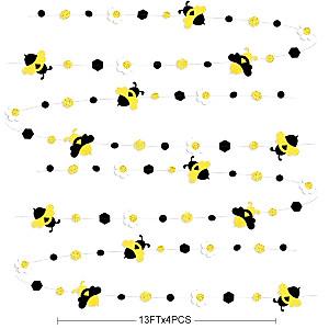 52Ft Black Gold White Bee Flower Circle Dot Banner Garland Glitter Honeycomb Bumble Gender Reveal Decorations for Kids Birthday Baby Shower What Will It Bee Happy Bee Day Mom to Bee Party Supplies