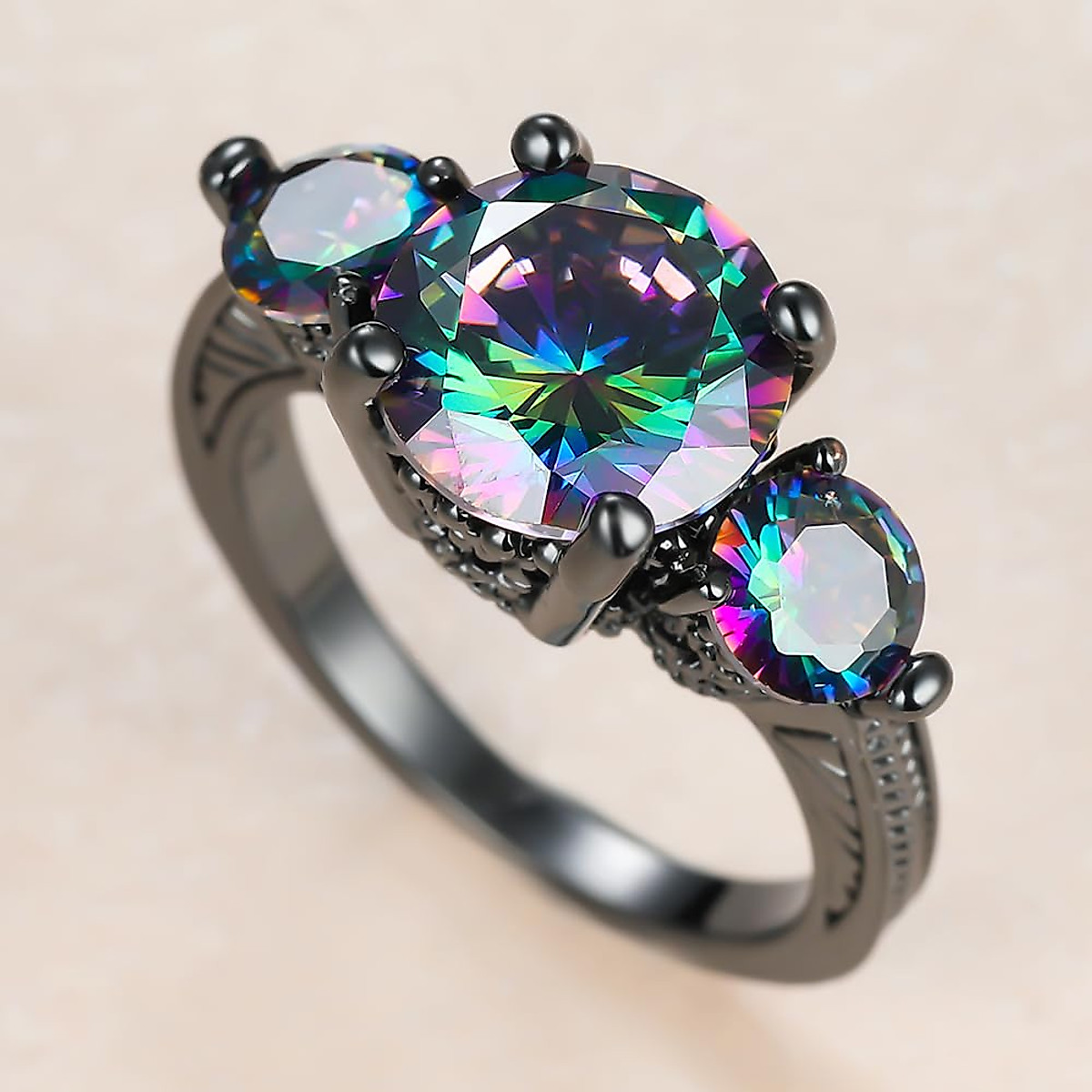Black Engagement Rings for Women, 14K Black Gold Goth Rings 3 Stone Rings, Mystic Topaz Tourmaline Wedding Rings for Women Size 5 6 7 8 9 10
