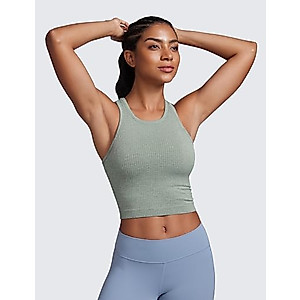 CRZ YOGA Womens Seamless Ribbed Longline High Neck Sports Bra - Racerback Padded Slim Fit Crop Tank Top with Built in Bra Dark Green Heather Large