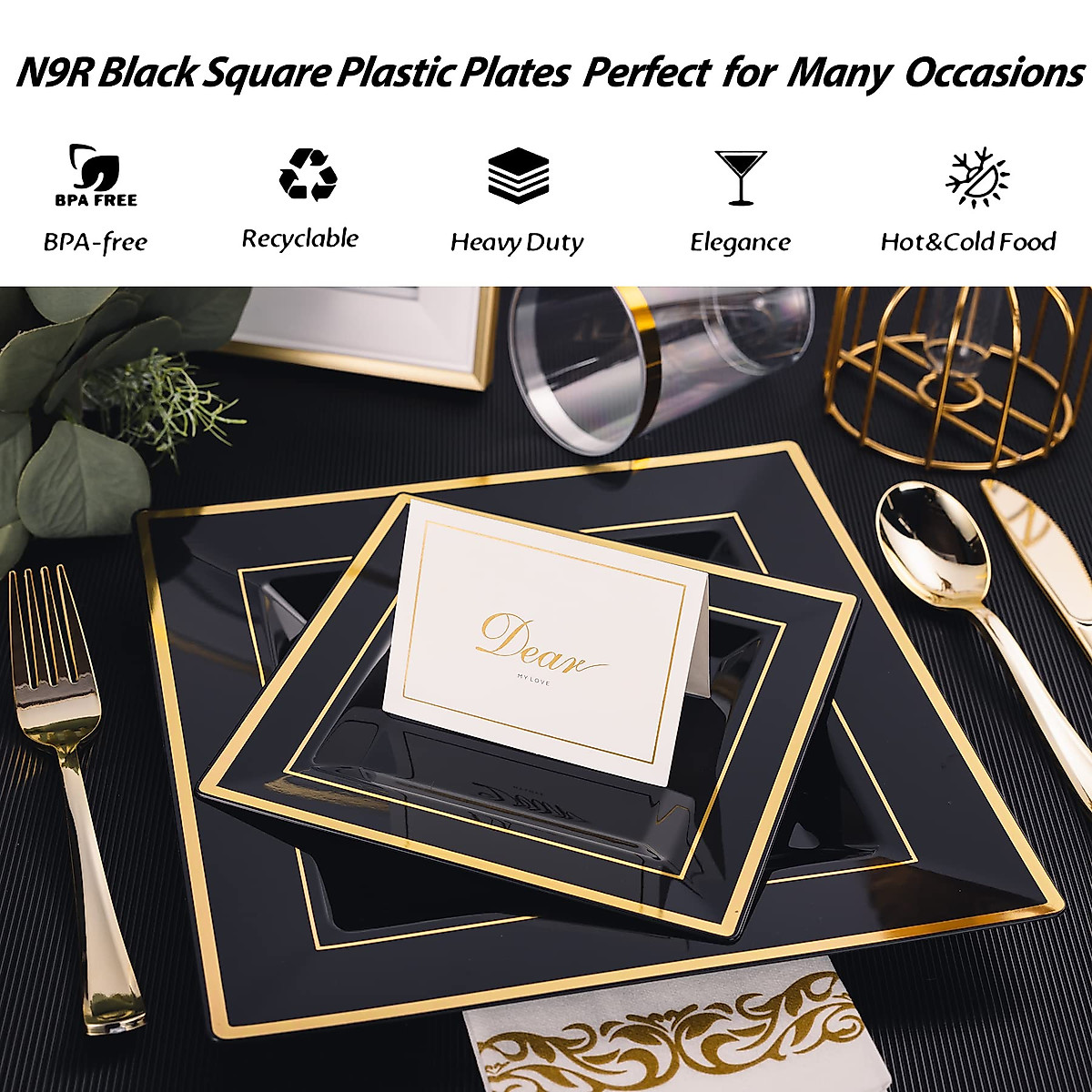 N9R 60 Pack Black Square Plastic Plates with Gold Rim Include 30 Disposable Dinner Plates 9.5 Inch and 30 Dessert Plates 6.5 Inch, Fancy Plates for Party, Wedding, Halloween and Daily Use