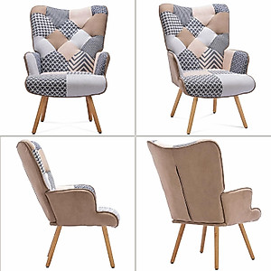 Bafode Accent Chair, Arm Chair for Living Room, Reading Chairs with High Back and Solid Wood Legs, Comfy Chairs for Bedroom, Boho Decor Patchwork Lounge Chair for Office or Balcony(Grey)