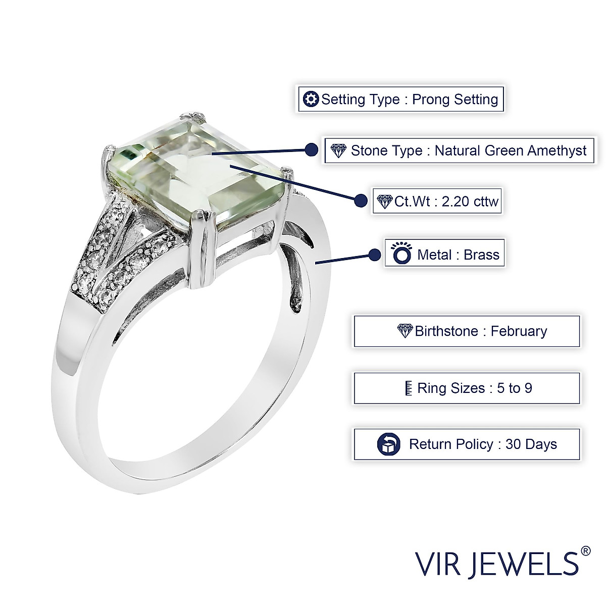VIR JEWELS 2.20 cttw Emerald Shape Green Amethyst Ring Brass with Rhodium Plating 10x8 MM Size 7