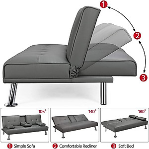 GATEQ Contemporary Faux Leather Futon, Convertible Sofa Bed, Adjustable Sofa Sleeper, Folding Sunbed Guest Bed, Removable Armrests with Cupholders and Pillow (Grey)