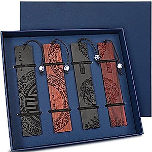 4 Pieces Wood Bookmark for Men Women Book Lovers, Handmade Natural Wooden Carving Book Mark Bookmarks Box Set, Ideal for Birthday Present, Teachers Appreciation (Traditional Style)