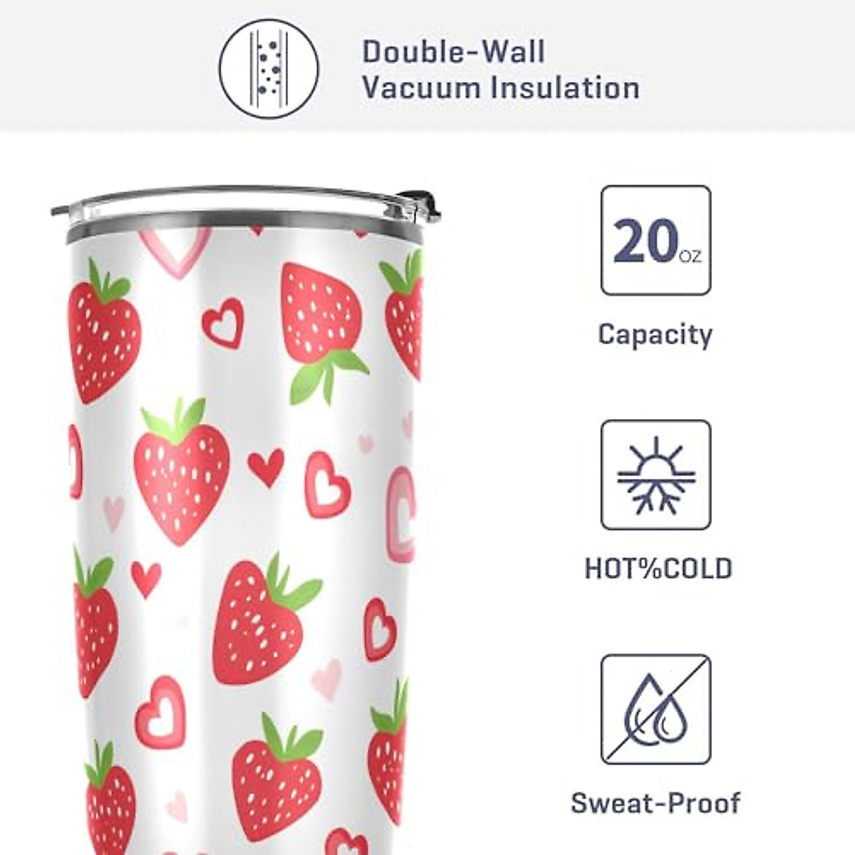 HXshaoye Strawberry Country style Valentines Stainless Steel travel coffee cups Leak-proof Lid and Straw coffee mug spill proof for hot and cold drinks modern coffee travel mug 20 oz vaso para agua