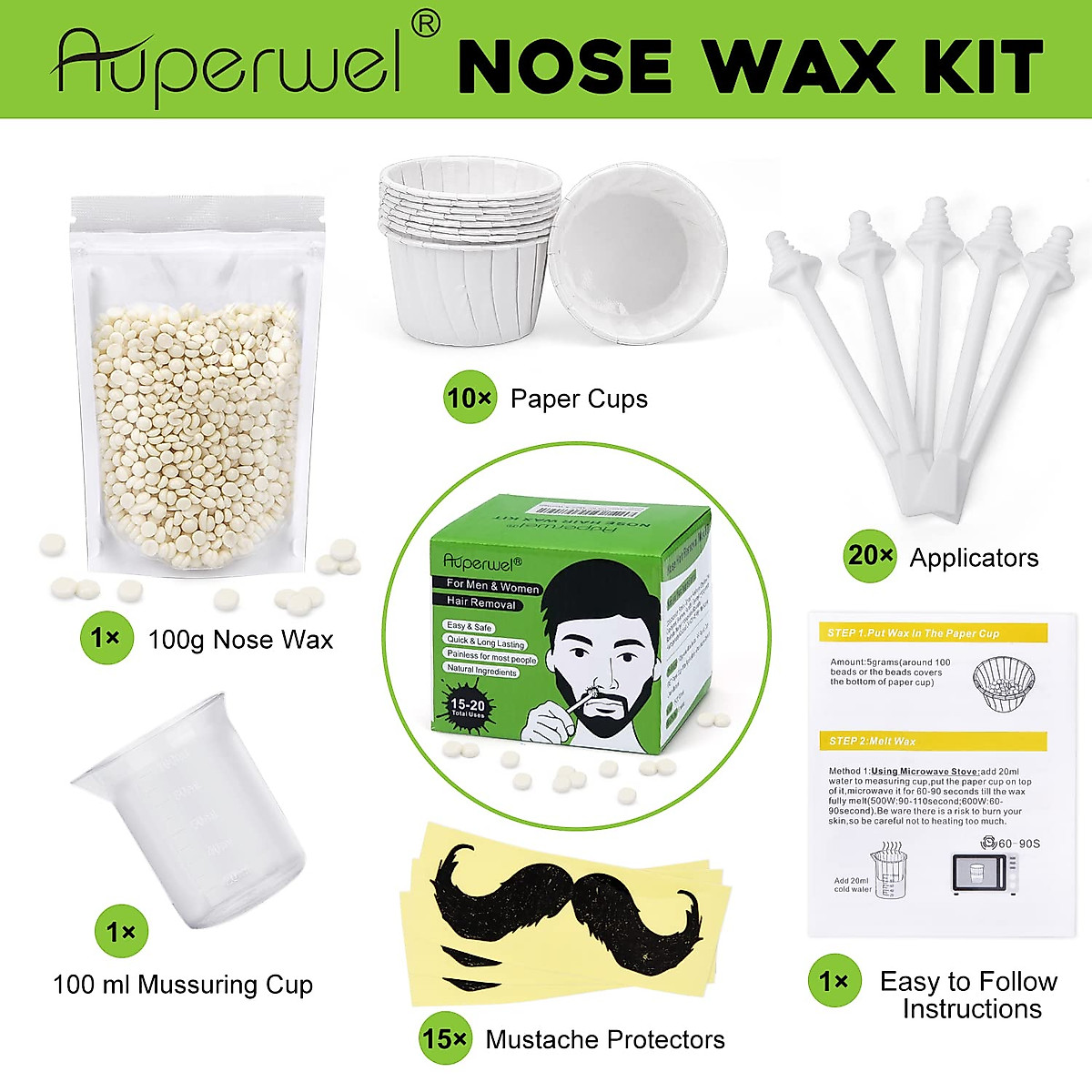 Auperwel Nose Wax Kit, 100g, for Painless Hair Removal, Includes 20 Applicators, 15 Mustache Guards, and 10 Paper Cups, Long-Lasting Results, Dermatologist Tested, Hypoallergenic, Sensitive Skin
