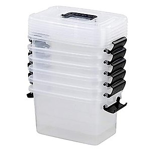 Utiao Clear Plastic Bin with Lid, 5.5 Quart Latching Box with Black Handle, 6 Packs