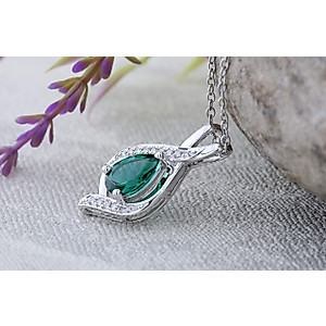Dazzlingrock Collection 9x6 mm Pear Lab Created Emerald & Round White Diamond Swirl Teardrop Pendant with 18 inch Silver Chain for Women in 10K White Gold
