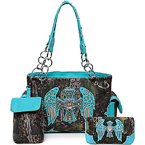 Camouflage Cross Western Style Studded Handbag Concealed Carry Purse Country Women Shoulder Bag Wallet (Turquoise Set)