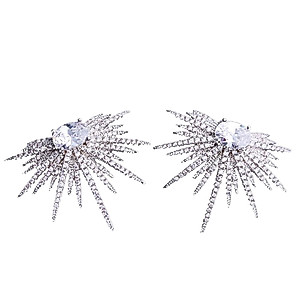 Silver Tone Art Deco Antique Vintage Retro Style Clear Rhinestone Bridal Bridesmaid Wedding Prom Starburst Earrings