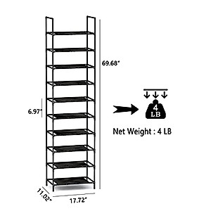 Wodeer Shoe Rack,10 Tiers Tall Free Standing Shoe Racks,Narrow Shoe Storage 20-24 Pairs Shoes, Space-Saving Shoe Shelf Organizer for Closet,Entryway,Metal Frame&Non-Woven Shelves,Black.